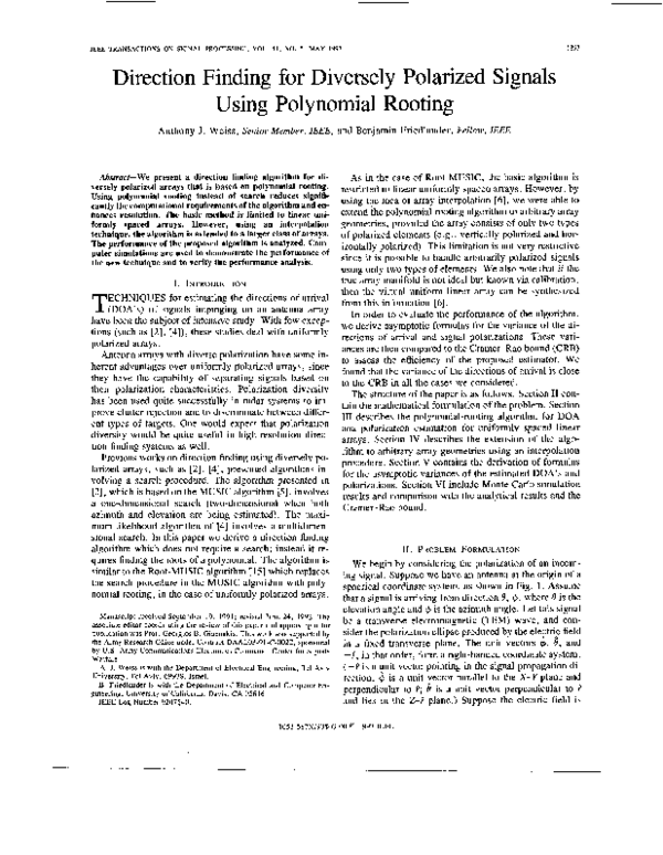 Pdf Direction Finding For Diversely Polarized Signals Using Polynomial Rooting