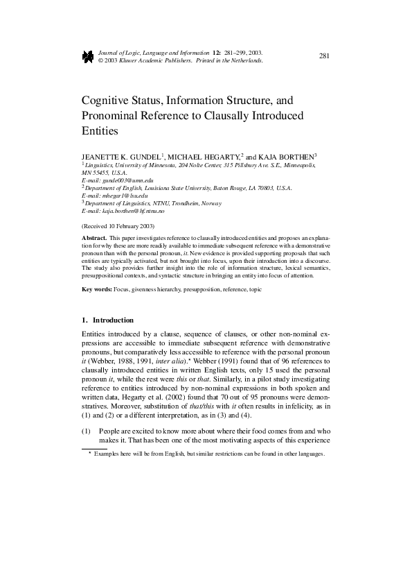 (PDF) Cognitive Status, Information Structure, and Pronominal Reference ...
