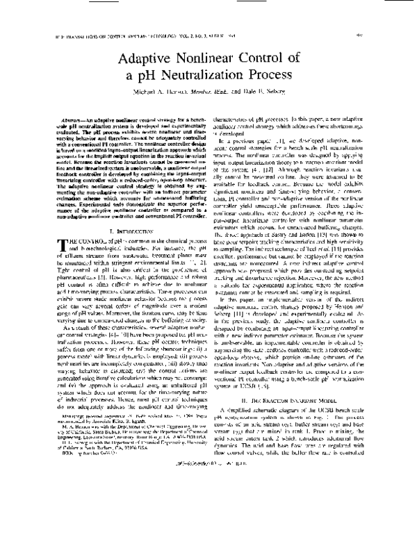 (PDF) Adaptive Nonlinear Control of a pH Neutralization Process
