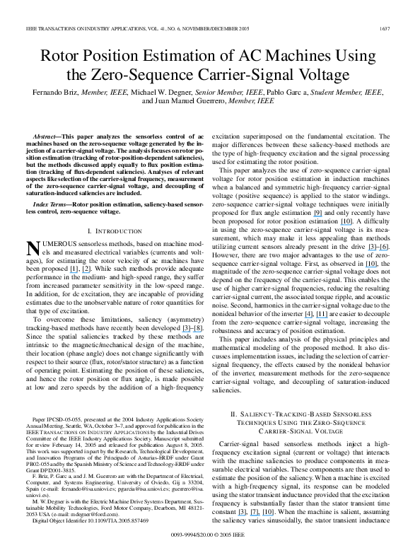Pdf Rotor Position Estimation Of Ac Machines Using The Zero Sequence