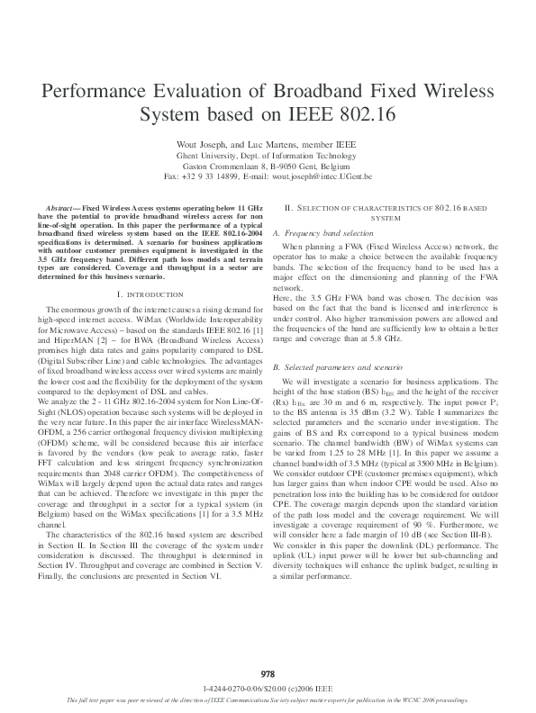 Pdf Performance Evaluation Of Broadband Fixed Wireless System Based On Ieee 80216