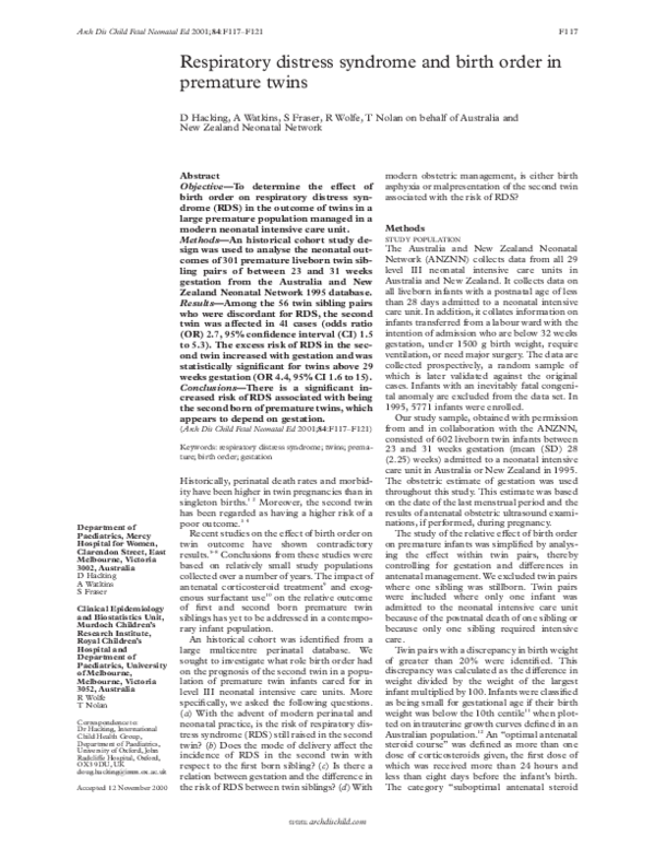 (PDF) Respiratory distress syndrome and birth order in premature twins