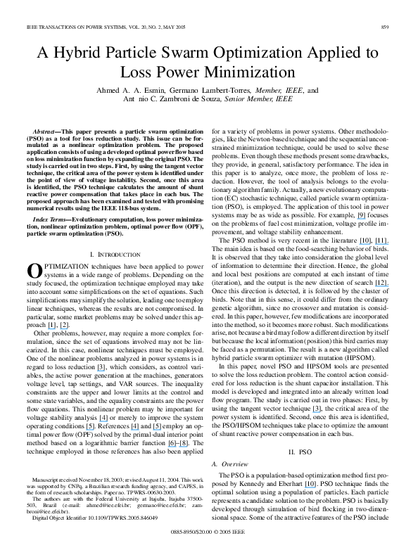 Pdf A Hybrid Particle Swarm Optimization Applied To Loss Power Minimization