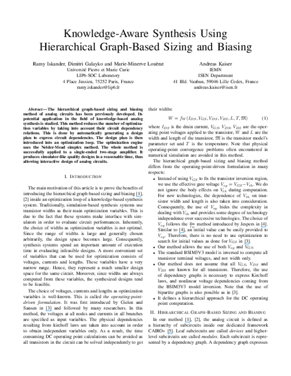Pdf Knowledge Aware Synthesis Using Hierarchical Graph Based Sizing And Biasing