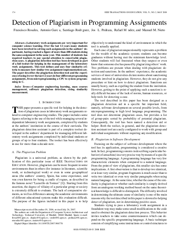 (PDF) Detection of Plagiarism in Programming Assignments