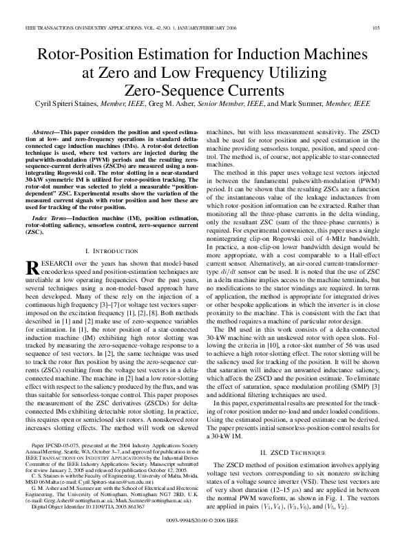 Pdf Rotor Position Estimation For Induction Machines At Zero And Low Frequency Utilising Zero