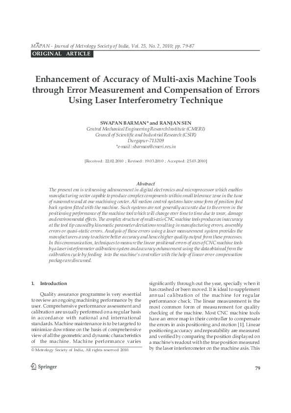 Pdf Enhancement Of Accuracy Of Multi Axis Machine Tools Through Error Measurement And