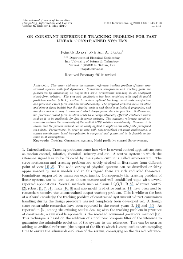 (PDF) Constant reference tracking for fast linear constrained systems