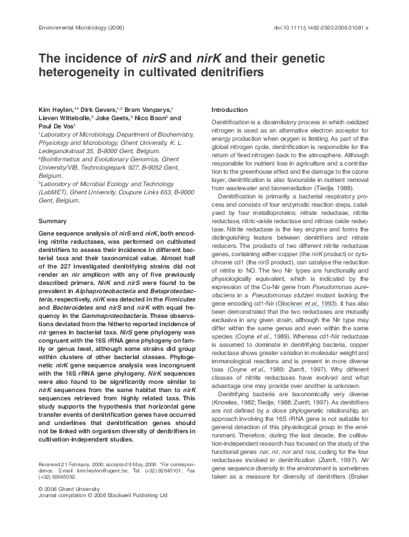 (PDF) The incidence of nirS and nirK and their genetic heterogeneity in ...