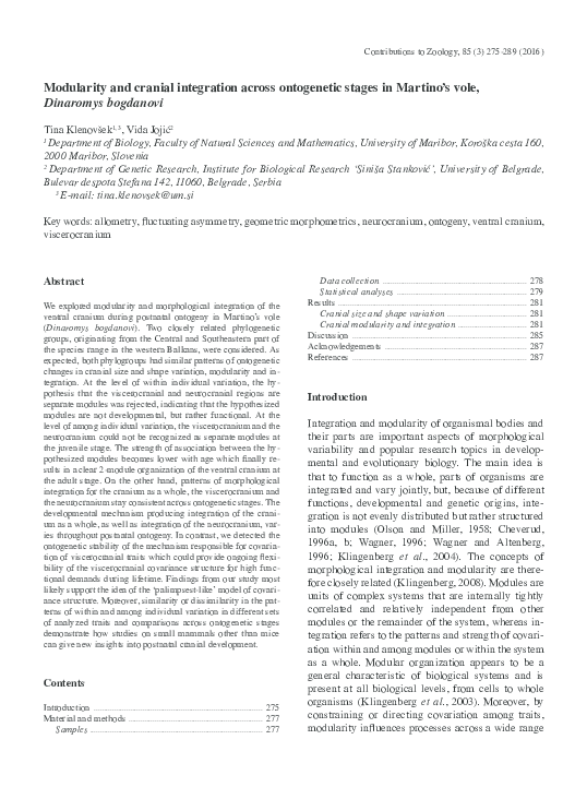 (PDF) Modularity and cranial integration across ontogenetic stages in Martino's vole, Dinaromys ...