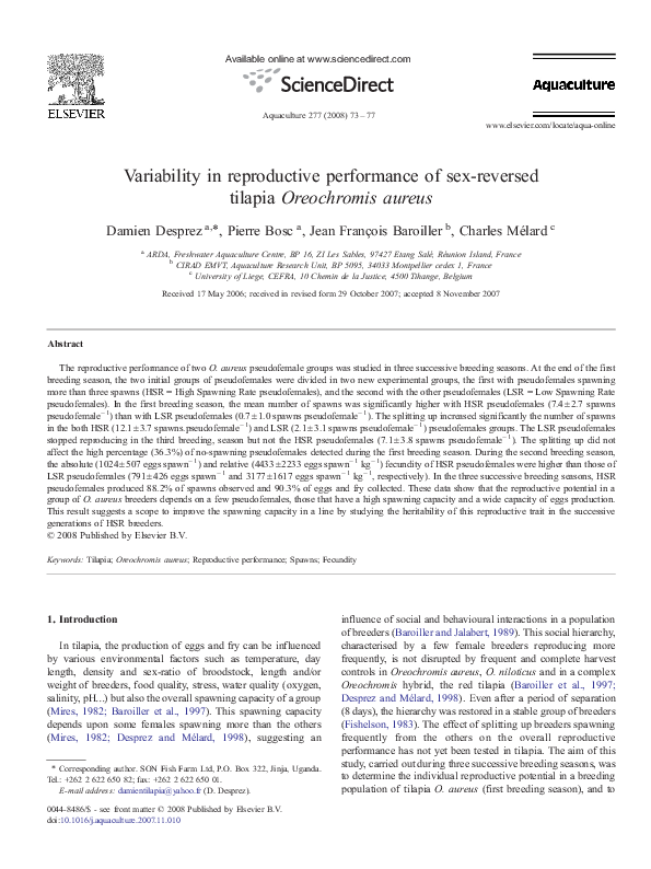 Pdf Variability In Reproductive Performance Of Sex Reversed Tilapia Oreochromis Aureus