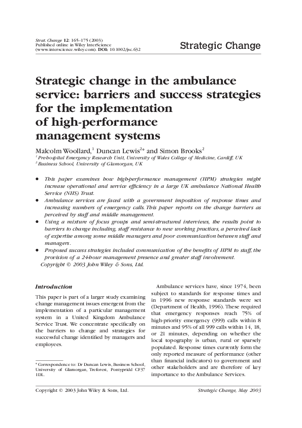 (PDF) Strategic change in the ambulance service: barriers and success ...