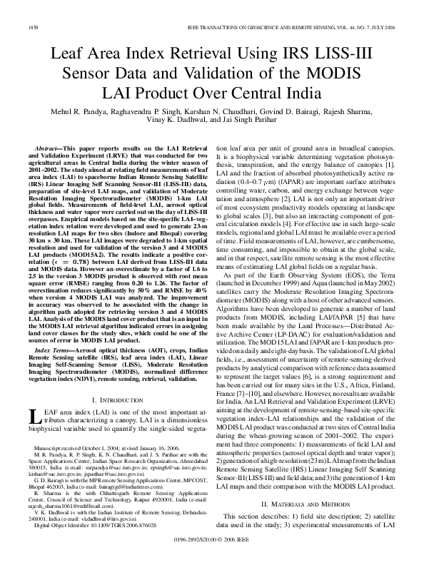 (PDF) Leaf area index retrieval using IRS LISS-III sensor data and validation of the MODIS LAI ...