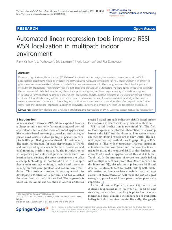 Pdf Automated Linear Regression Tools Improve Rssi Wsn Localization In Multipath Indoor
