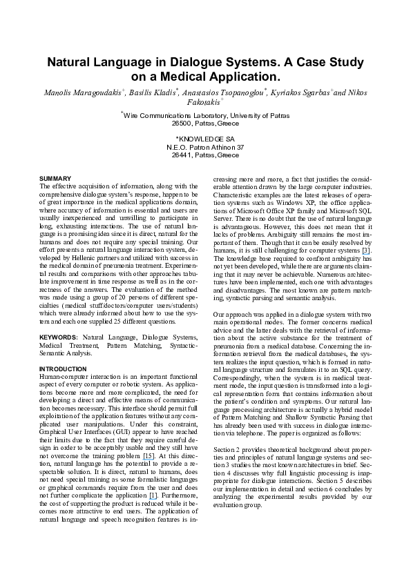 (PDF) Natural Language in Dialogue Systems. A Case Study on a Medical Application