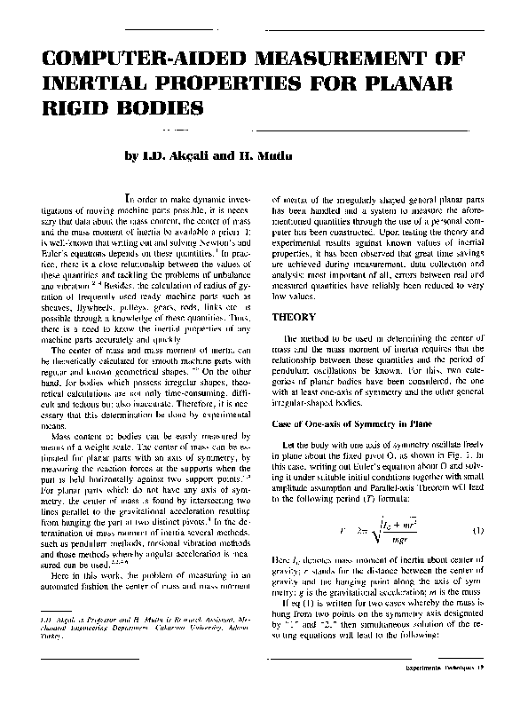 (PDF) COMPUTER-AIDED MEASUREMENT OF INERTIAL PROPERTIES FOR PLANAR ...