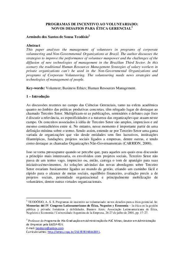 (PDF) Programas de incentivo ao voluntariado: novos desafios para ética gerencial