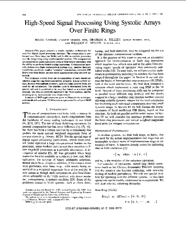 (PDF) High-speed signal processing using systolic arrays over finite rings