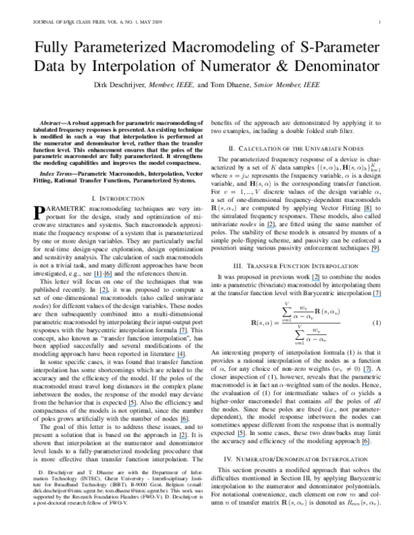 Pdf Fully Parameterized Macromodeling Of S Parameter Data By Interpolation Of Numerator