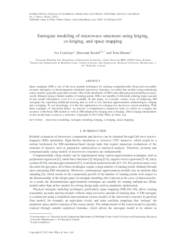 (PDF) Surrogate modeling of microwave structures using kriging, co-kriging, and space mapping