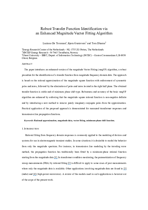 Pdf Robust Transfer Function Identification Via An Enhanced Magnitude Vector Fitting Algorithm