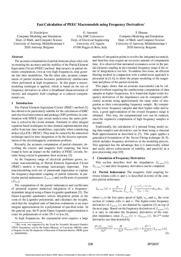(PDF) Fast calculation of PEEC macromodels using frequency derivatives