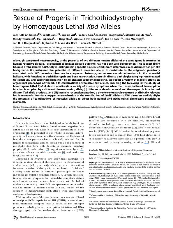 (PDF) Rescue of Progeria in Trichothiodystrophy by Homozygous Lethal ...