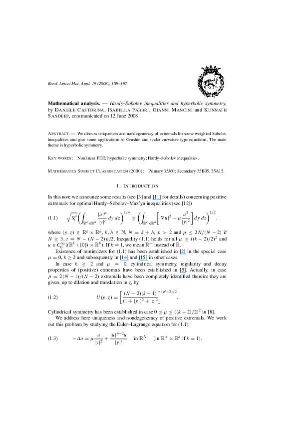 (PDF) Hardy–Sobolev inequalities and hyperbolic symmetry (PDF) Hardy–Sobolev inequalities and hyperbolic symmetry