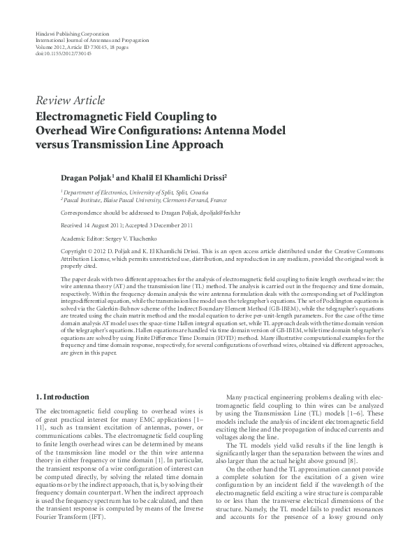 Pdf Electromagnetic Field Coupling To Overhead Wires Comparison Of Wire Antenna And