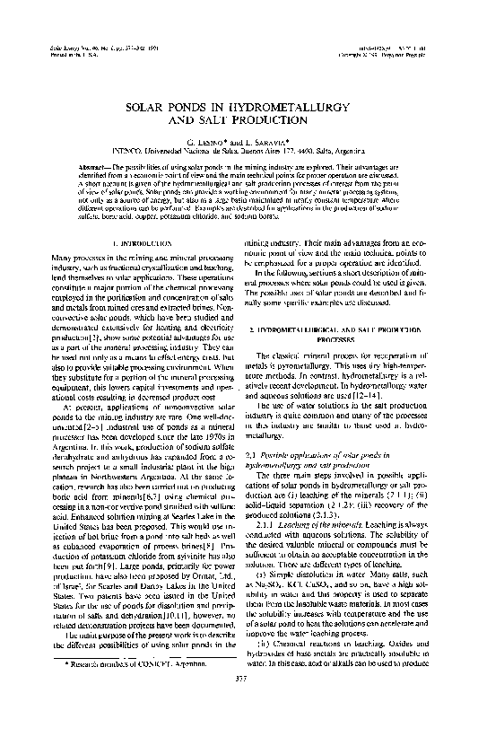 (PDF) Solar ponds in hydrometallurgy and salt production