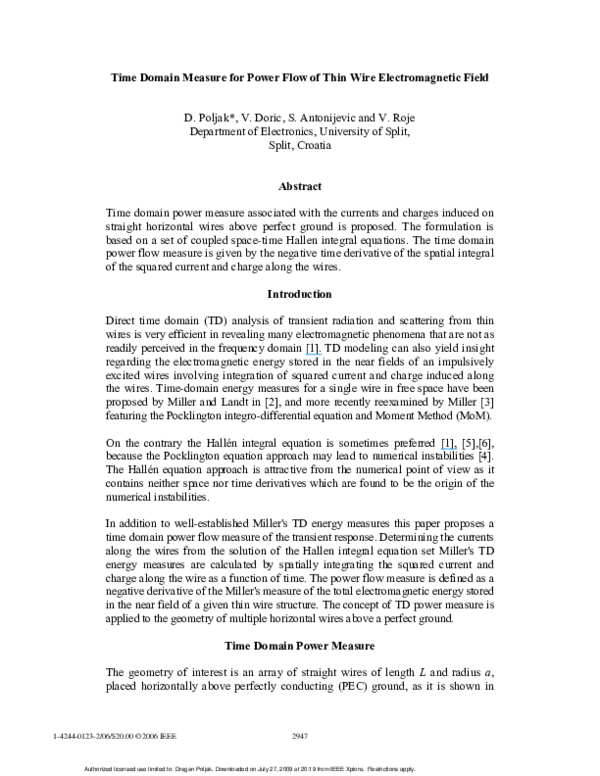 (PDF) Time Domain Measure for Power Flow of Thin Wire Electromagnetic Field