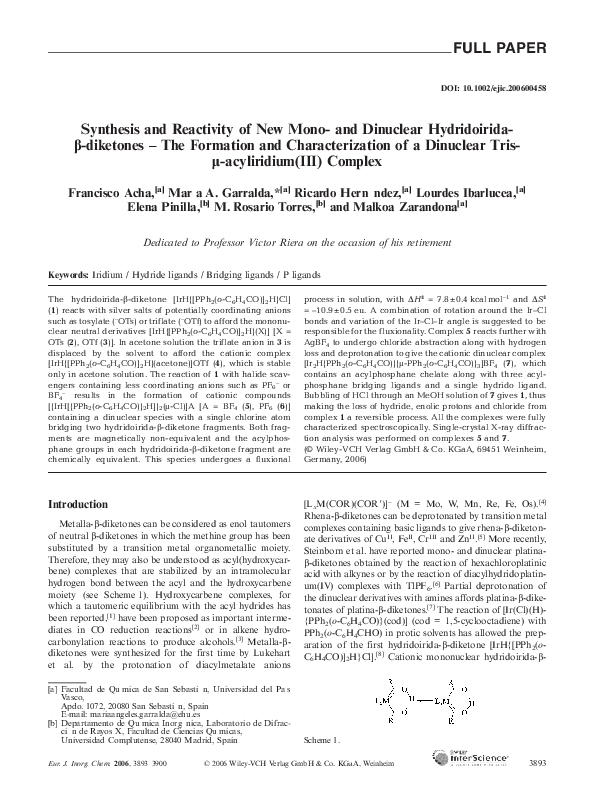 (PDF) Synthesis and Reactivity of New Mono and Dinuclear Hydridoirida-β-diketones – The ...