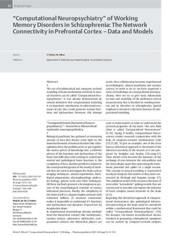 (PDF) Computational Neuropsychiatry” of Working Memory Disorders in Schizophrenia: The Network ...