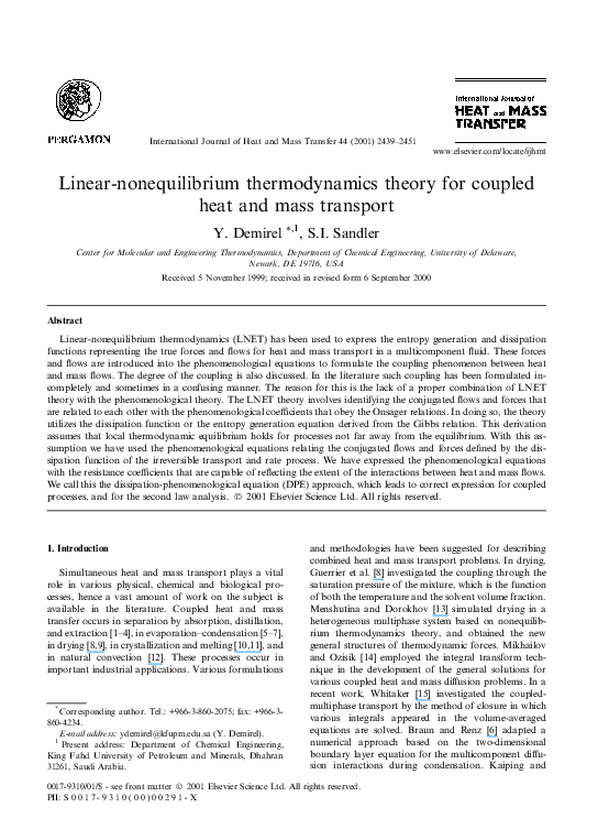 (PDF) Linear-nonequilibrium thermodynamics theory for coupled heat and ...