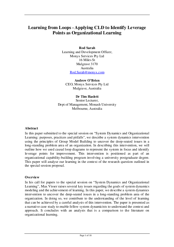 (PDF) Learning from Loops - Applying CLD to Identify Leverage Points as ...