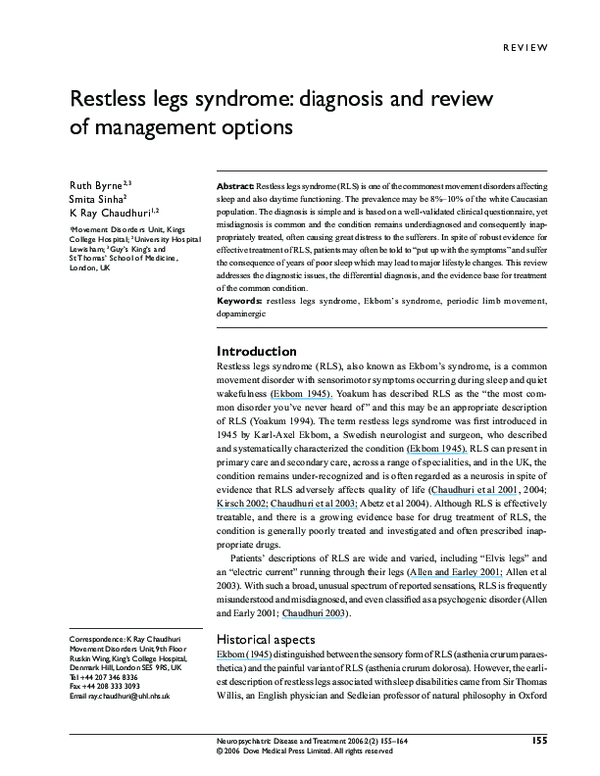 (PDF) Restless legs syndrome: diagnosis and review of management options