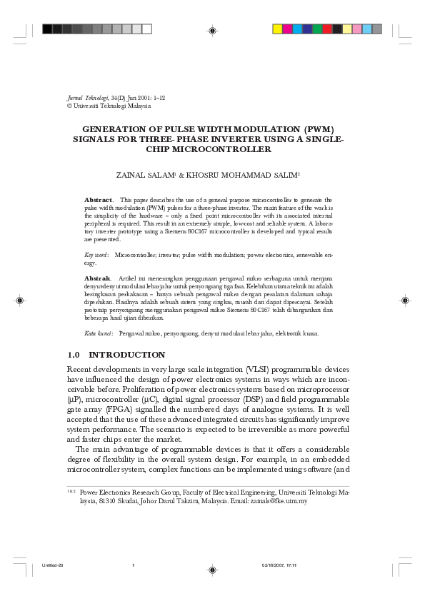 Pdf Generation Of Pulse Width Modulation Pwm Signals For Three Phase Inverter Using A Single