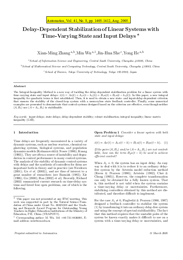 (PDF) Delay-dependent stabilization of linear systems with time-varying state and input delays