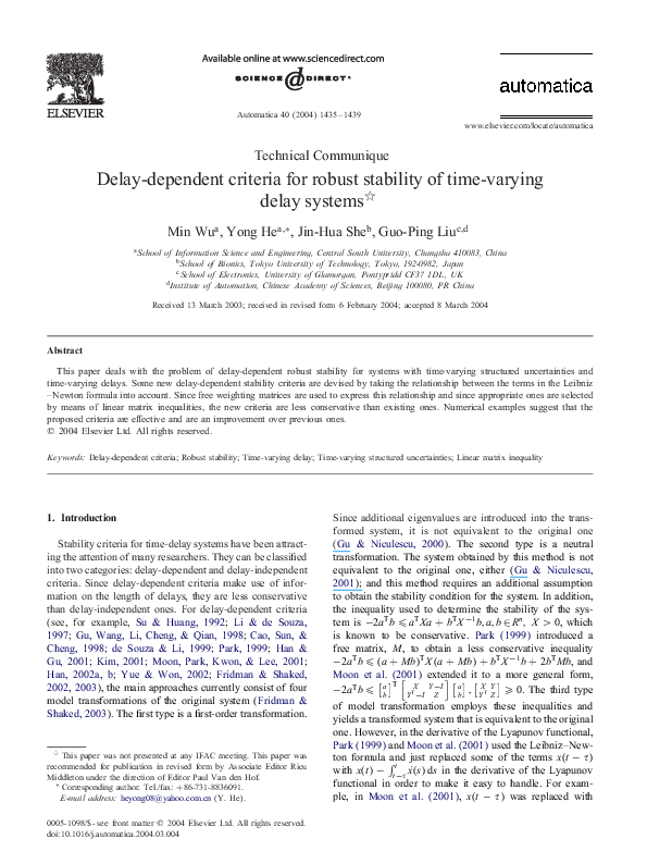 (PDF) Delay-dependent criteria for robust stability of time-varying delay systems