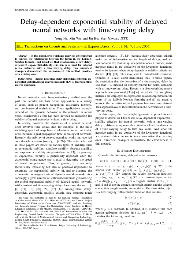 (PDF) Delay-dependent exponential stability of delayed neural networks with time-varying delay