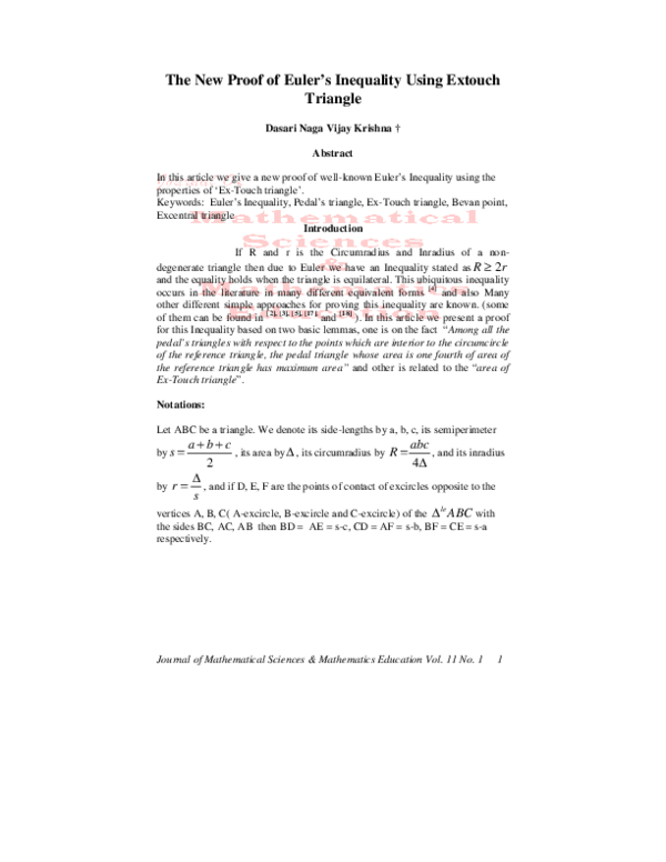 (PDF) The New Proof of Euler's Inequality Using Extouch Triangle