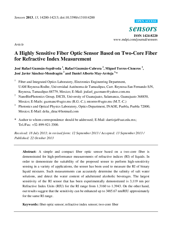 (PDF) A Highly Sensitive Fiber Optic Sensor Based on Two-Core Fiber for Refractive Index Measurement