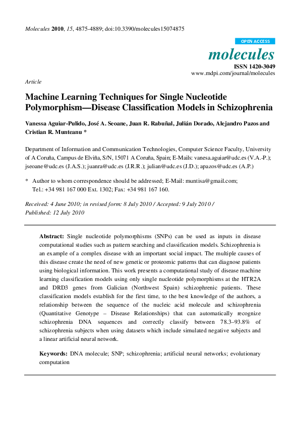 Pdf Machine Learning Techniques For Single Nucleotide Polymorphism—disease Classification