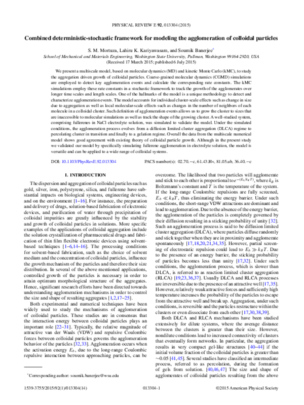 Pdf Combined Deterministic Stochastic Framework For Modeling The Agglomeration Of Colloidal