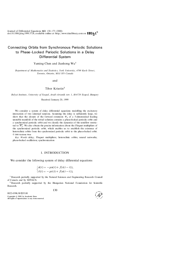 (PDF) Connecting Orbits from Synchronous Periodic Solutions to Phase-Locked Periodic Solutions ...