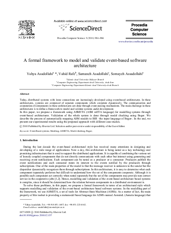 Pdf A Formal Framework To Model And Validate Event Based Software Architecture