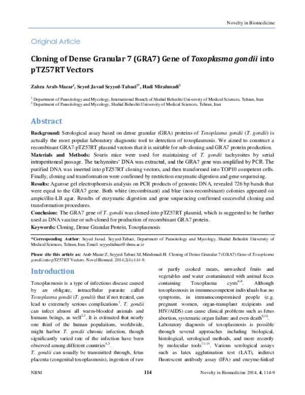 (PDF) Cloning of Dense Granular (GRA) 7 Gene of Toxoplasma gondii into ...