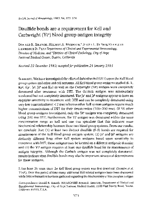(PDF) Disulfide bonds are a requirement for Kell and Cartwright (Yt a ...