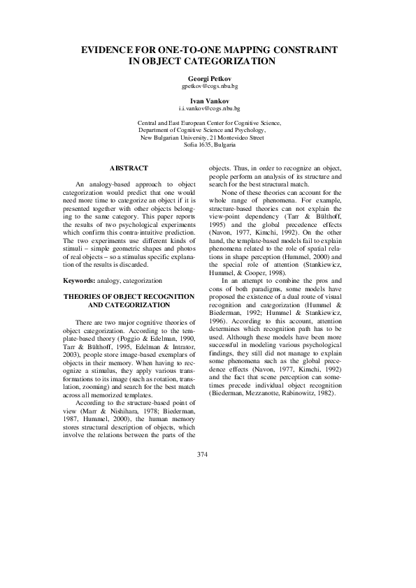 (PDF) Evidence for One-To-One Mapping Constraint in Object Categorization