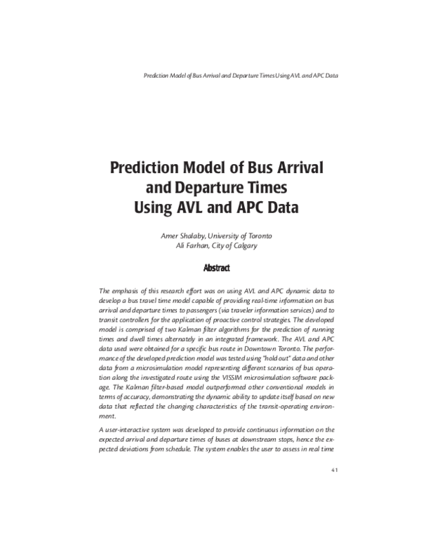 (PDF) Prediction Model of Bus Arrival and Departure Times Using AVL and APC Data